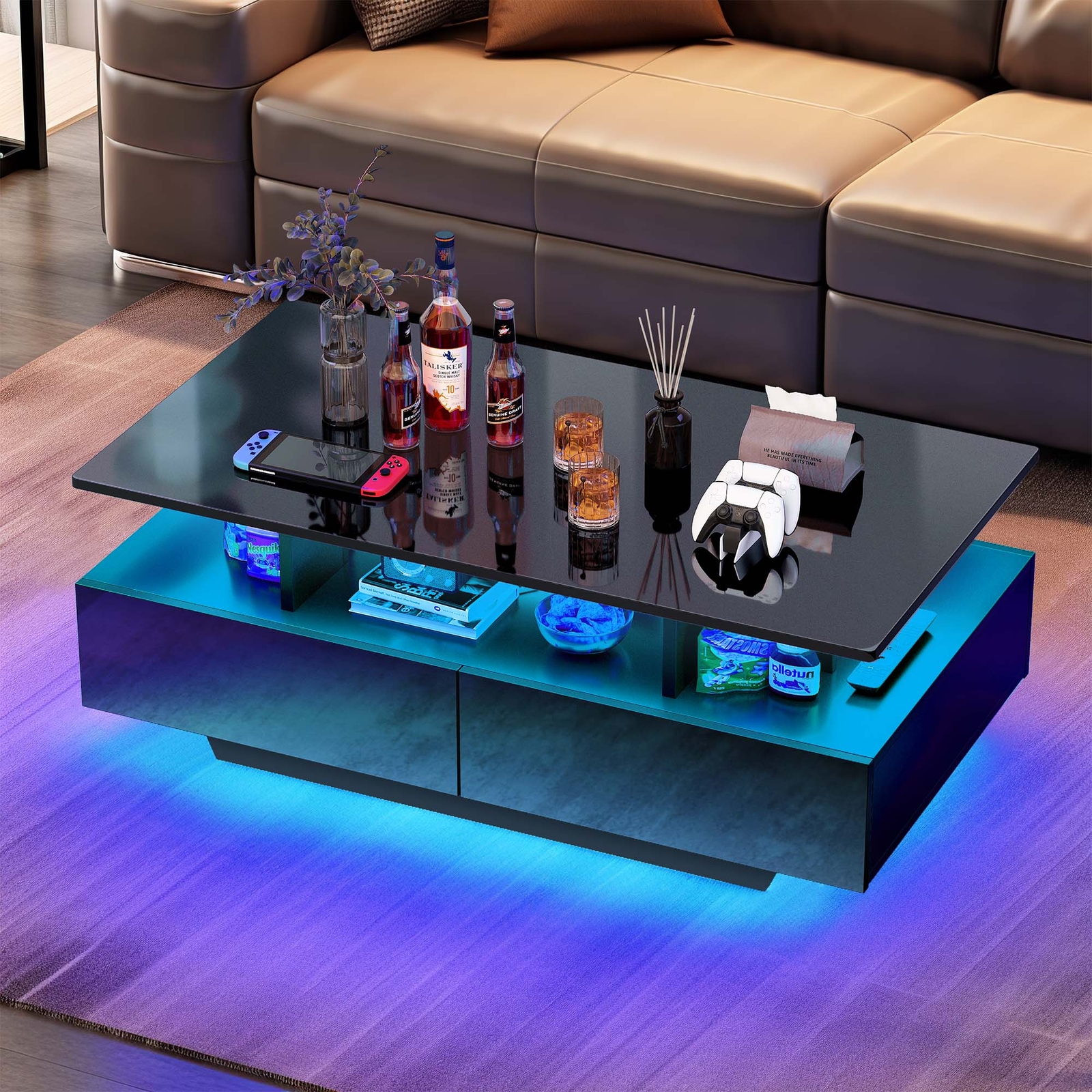 High Gloss Coffee Table Center Cocktail Table with LED Lights & Sliding ...