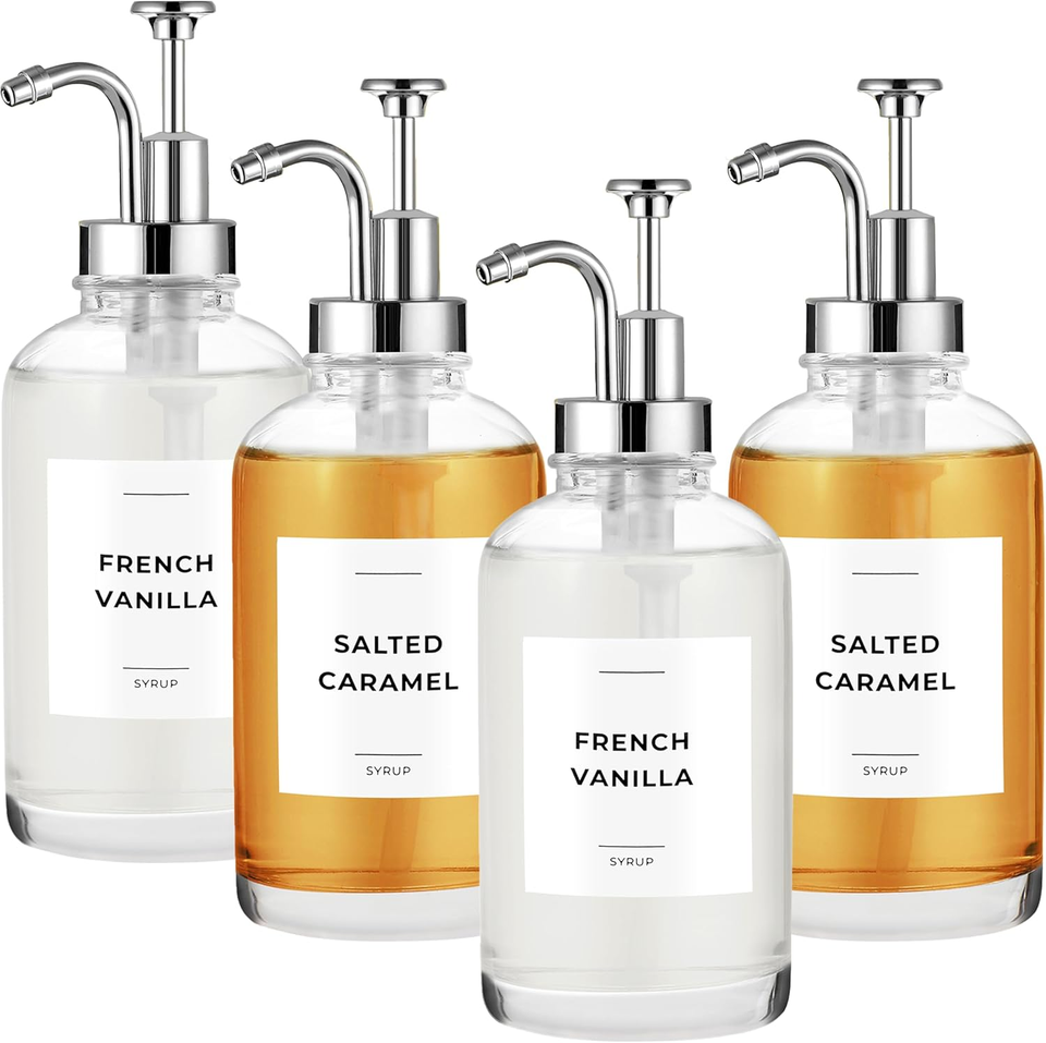 Coffee Syrup Dispenser with Pump - Includes 24 Flavor Labels - Glass ...