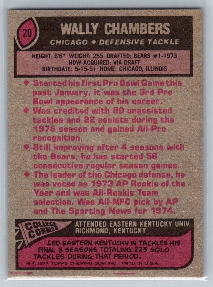 1977 TOPPS WALLY CHAMBERS . CHICAGO BEARS #20 | eBay