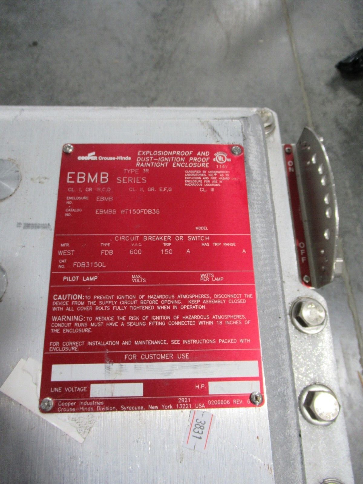 Eaton Crouse-Hinds EBMBB WT150FDB36 Explosion Proof Enclosure ...