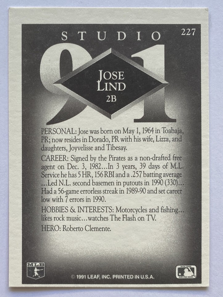 JOSE LIND SIGNED IP 1991 LEAF STUDIO #227 PITTSBURGH PIRATES AUTO | eBay