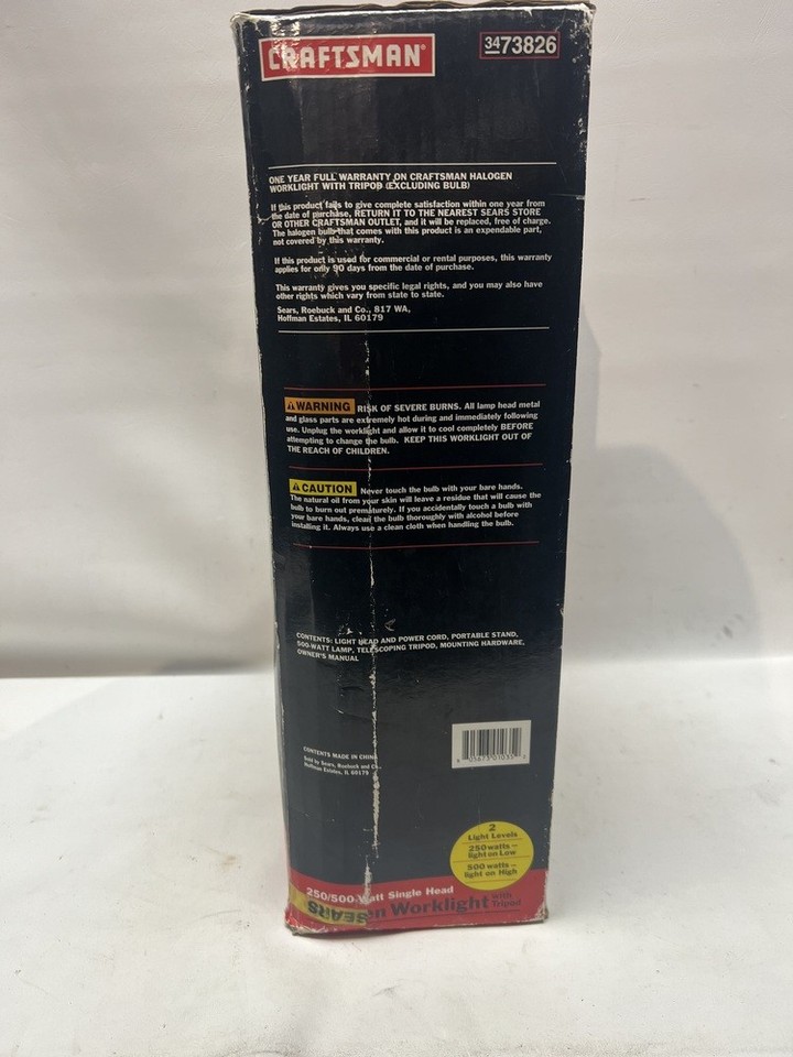 Craftsman Halogen Work Light w/ Tripod 3473826 250W-500W Dual-Purpose ...