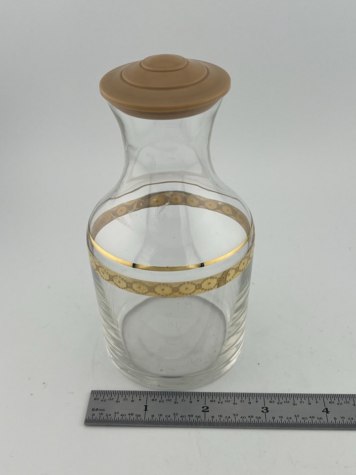 MCM Libbey 5” Carafes Geometric Gold Band Design Decanter w/ Taupe Lid ...