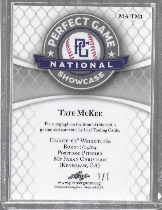 TATE MCKEE 2022 Leaf Perfect Game RC XRC Auto 1/1 Georgia Tech | eBay