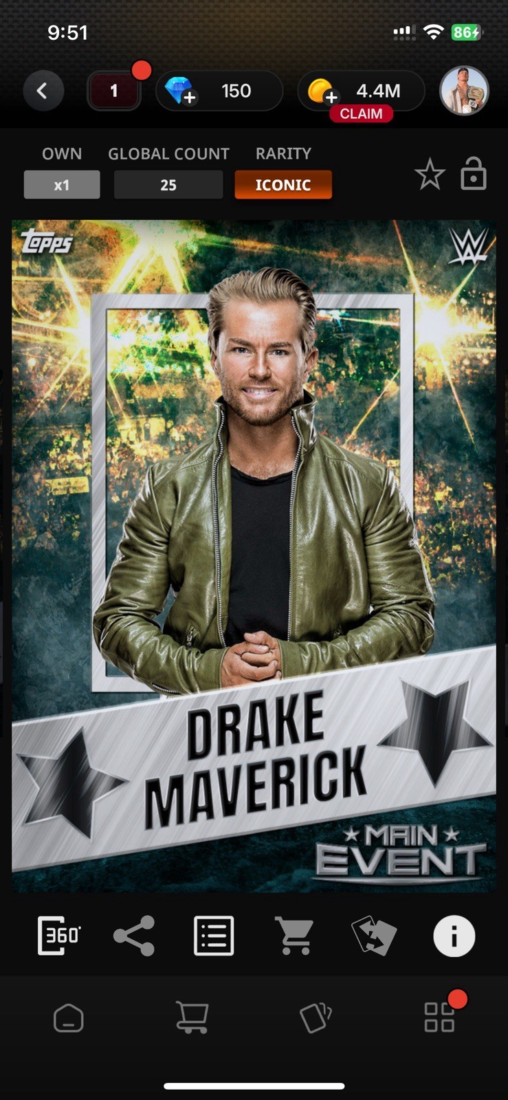 Topps Slam WWE *Digital* 2019 Main Event Teal - Drake Maverick 25 ...