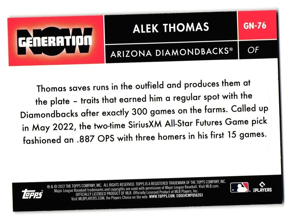 2022 Topps Update Alek Thomas Generation Now Rookie Card RC #GN-76 QTY ...
