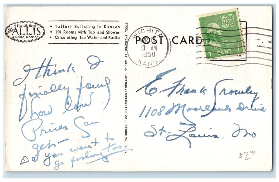 1950 Allis Hotel Exterior View Building Wichita Kansas Vintage Antique ...