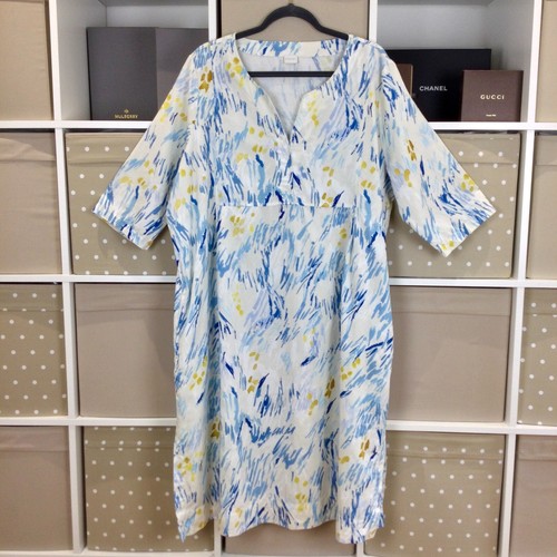 Poetry Linen & Cotton Dress Size 22 Blue Cream Yellow Pockets Half ...