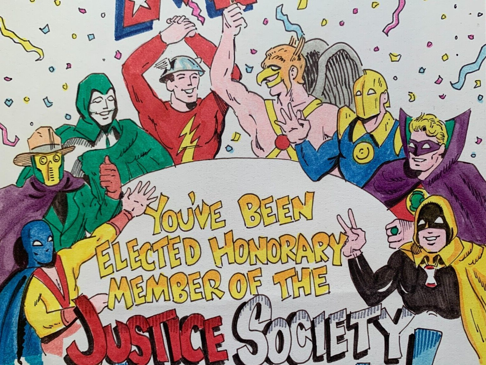 Original art by RICK STASI signed for SHELDON MAYER, Justice Society ...