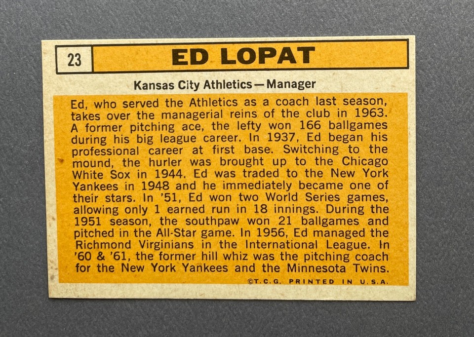 1963 Topps Baseball Ed Lopat #23 Kansas City Athletics Vintage Card | eBay