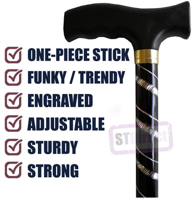 Deluxe Ladies Black/Silver Engraved Etched Stripes Adjustable Walking ...