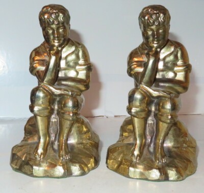 Vintage Cast Metal Bookends Man Boy Reading Book Thinking Pair Gold ...