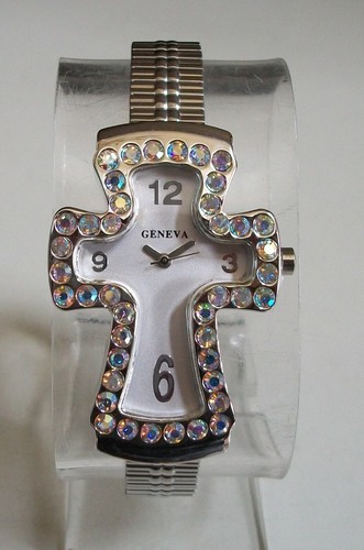 Women's Stretch Band Fashion Silver Finish Rhinestone Cross Casual Fun ...