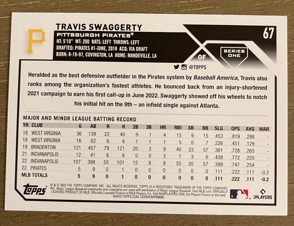 2023 Topps #67 Travis Swaggerty Pittsburgh Pirates RC Baseball Card | eBay