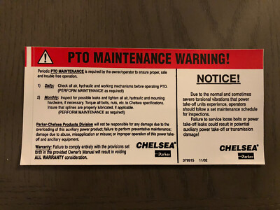 PTO maintenance warning decal. Chelsea / parker. 3 1/2 X 7 in. New | eBay