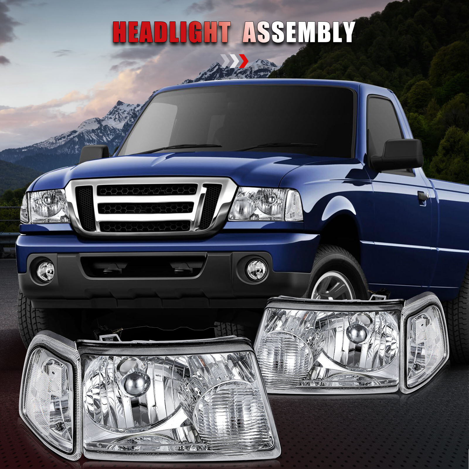 For 2001-2011 Ford Ranger Chrome Housing Clear Lens Headlights Assembly ...