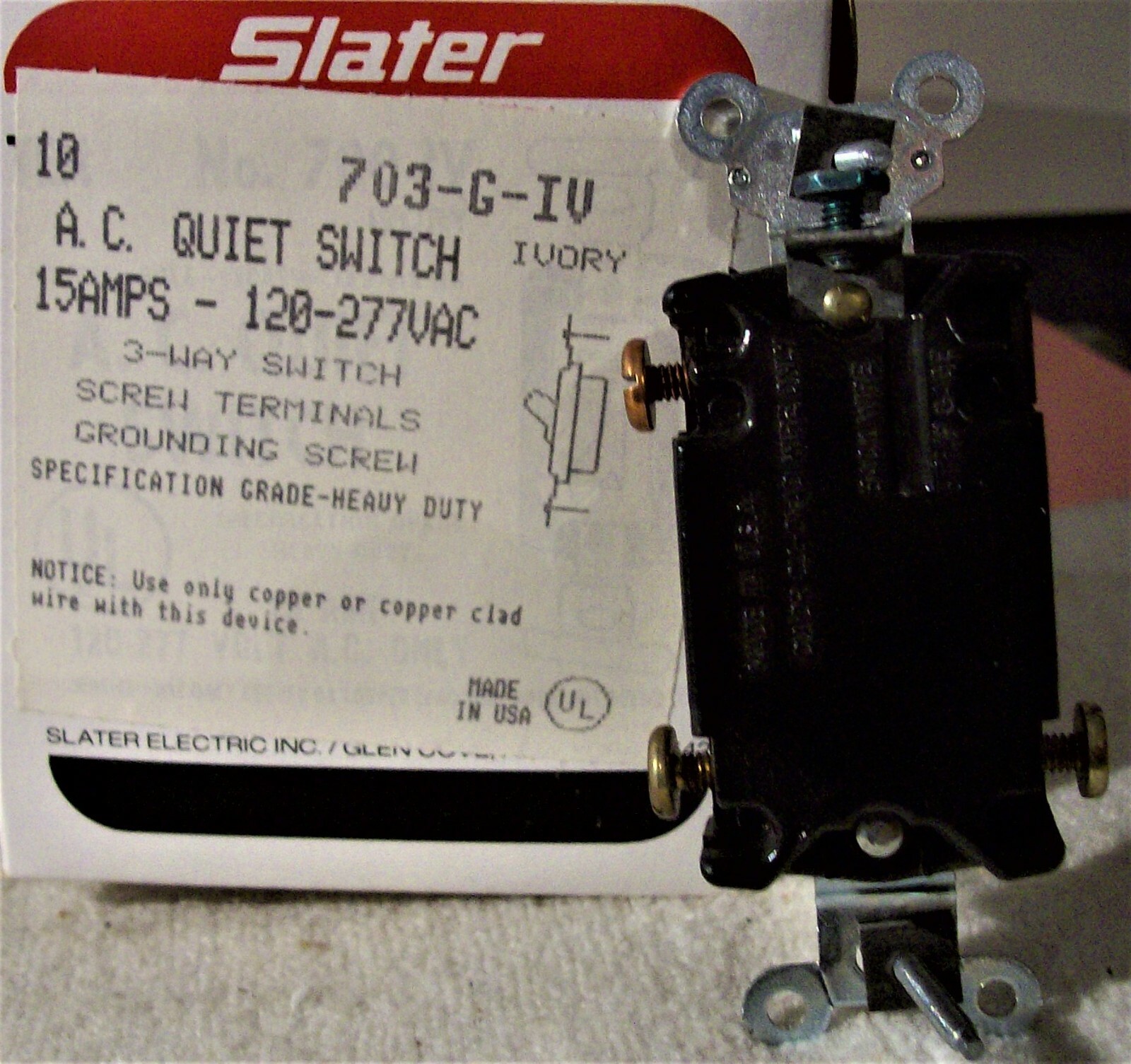 50-SLATER 703-G-IV 15 A 120-277V IVORY TOGGLE SWITCH AC QUIET 3-WAY GRD ...