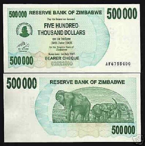 Zimbabwe 500000 DOLLARS P-51 2007 ELEPHANT UNC Zimbabwean World ...