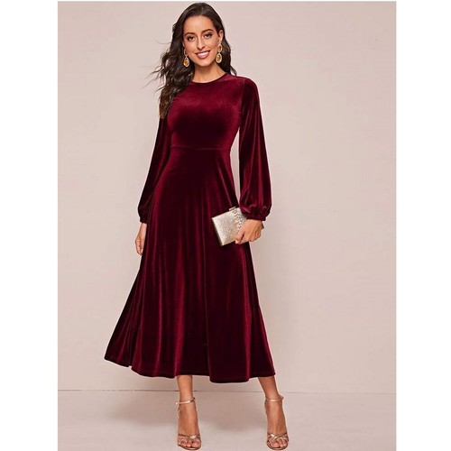 Elegant Women Maroon Velvet Midi Dress Wedding Dinner Party Fit & Flare ...