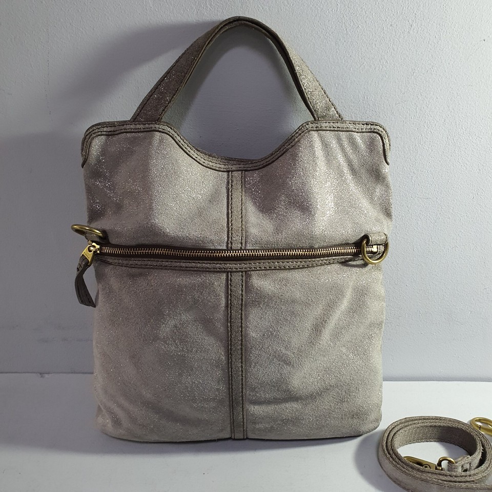 FOSSIL Soft Leather Suede Slouchy Bag Retro Tote Hobo Metallic Shoulder ...