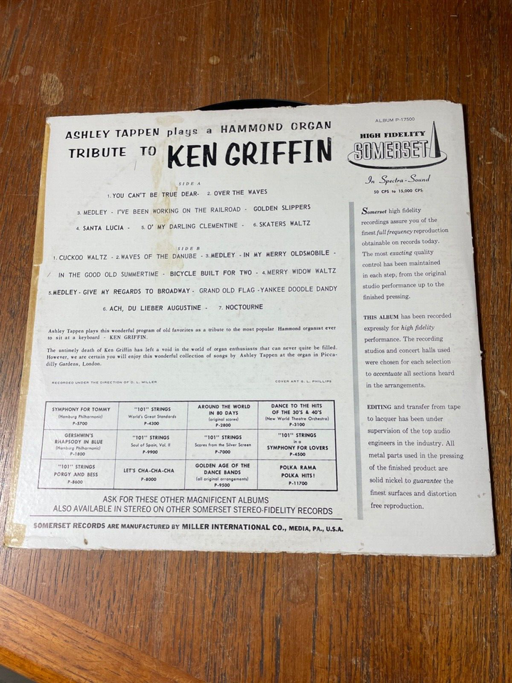 An Organ Tribute to Ken Griffin Ashley Tappen Vintage Vinyl Record 1963 ...