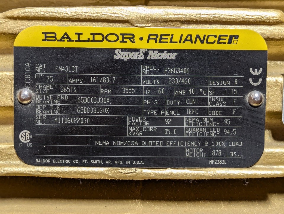 NEW BALDOR 75 HP SUPER E MOTOR EM4313T / 230/460 VOLT 3555 RPM 365TS ...