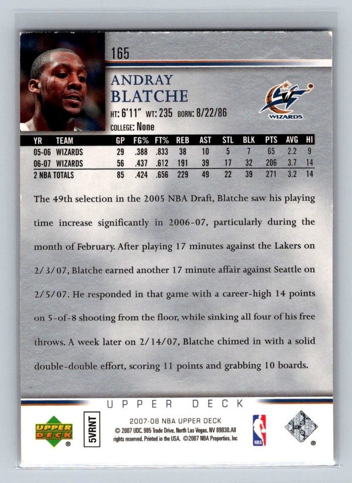 2007-08 Upper Deck #165 Andray Blatche | eBay