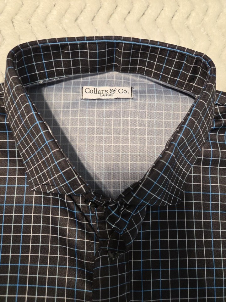 Collars and Co Polo Mens Large Black Checked Spread Dress Collar | eBay