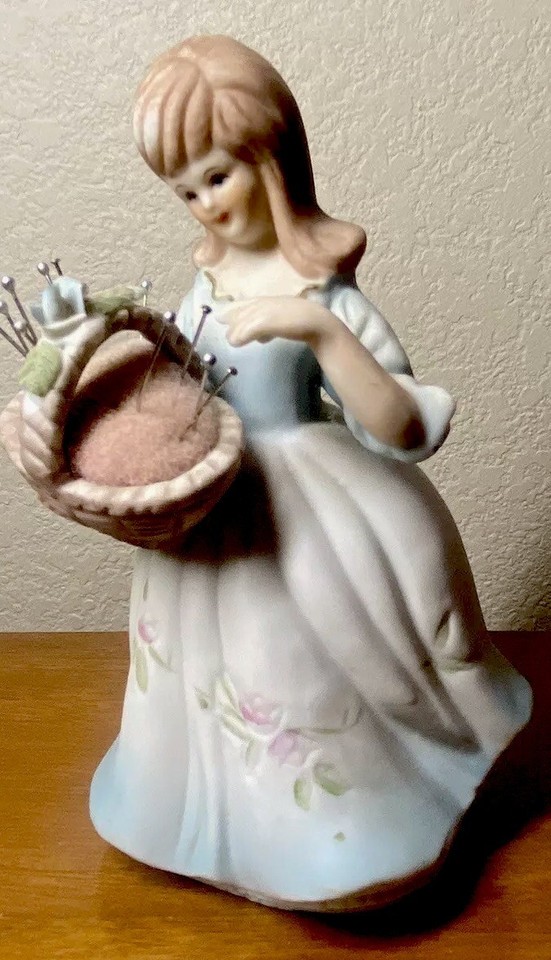 Vintage Ardart Pin Cushion Bisque Porcelain Girl holding Basket Taiwan ...