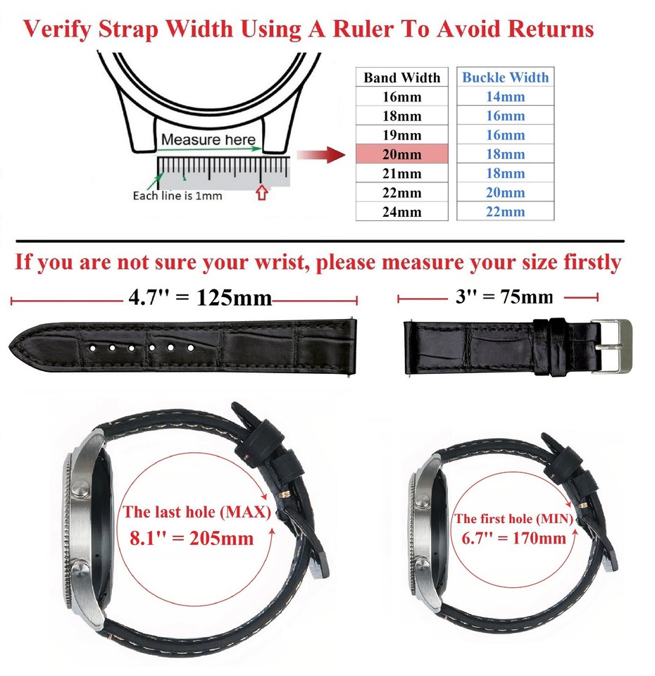 20mm Black Leather Watch Band Men Quick Release Real Watch Strap ...