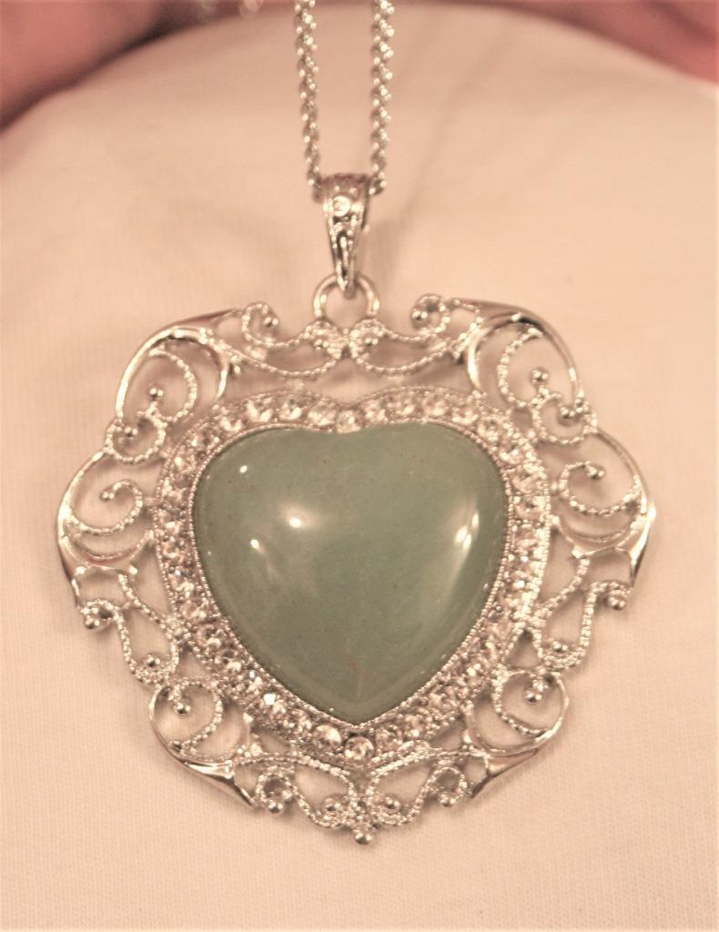 Lacy Swirled Heart Rhinestones Rim Pale Nile Green Natural Stone ...