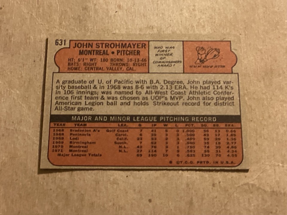 1972 Topps High Number - #631 John Strohmayer - Near Mint - Great ...