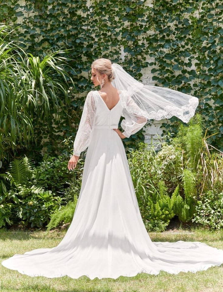 Contrast Mesh V-neck Lantern Sleeve Chiffon Wedding Dress Without Veil ...