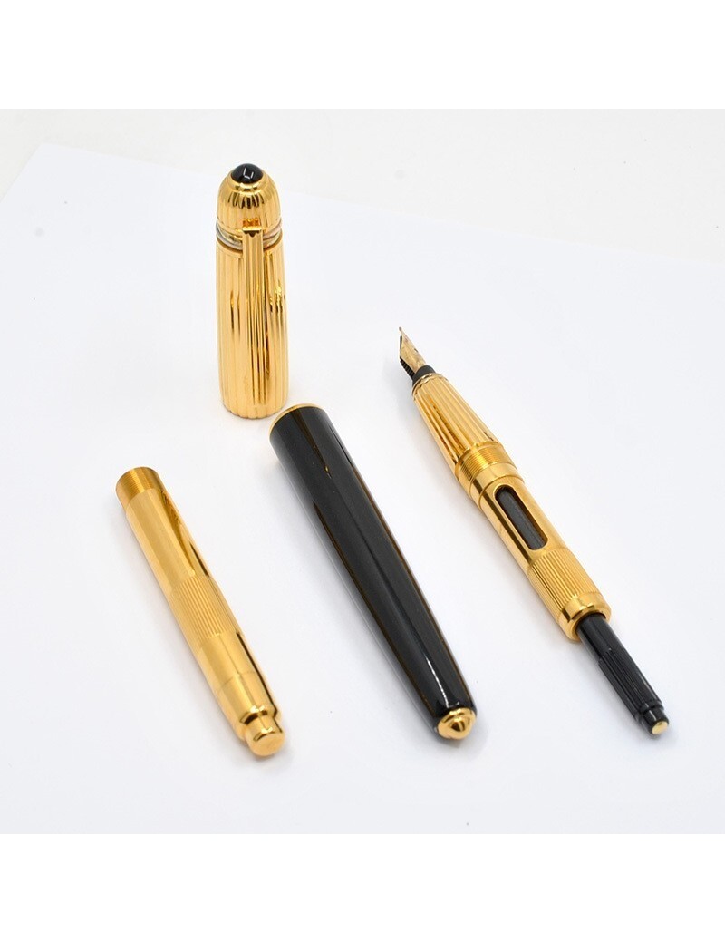 CARTIER PASHA FOUNTAIN PEN GILT METAL AND BALCK LACQUER WITH BOX AND ...