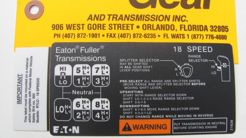 18 Speed Eaton Fuller Transmission Shift Pattern 21628 | eBay