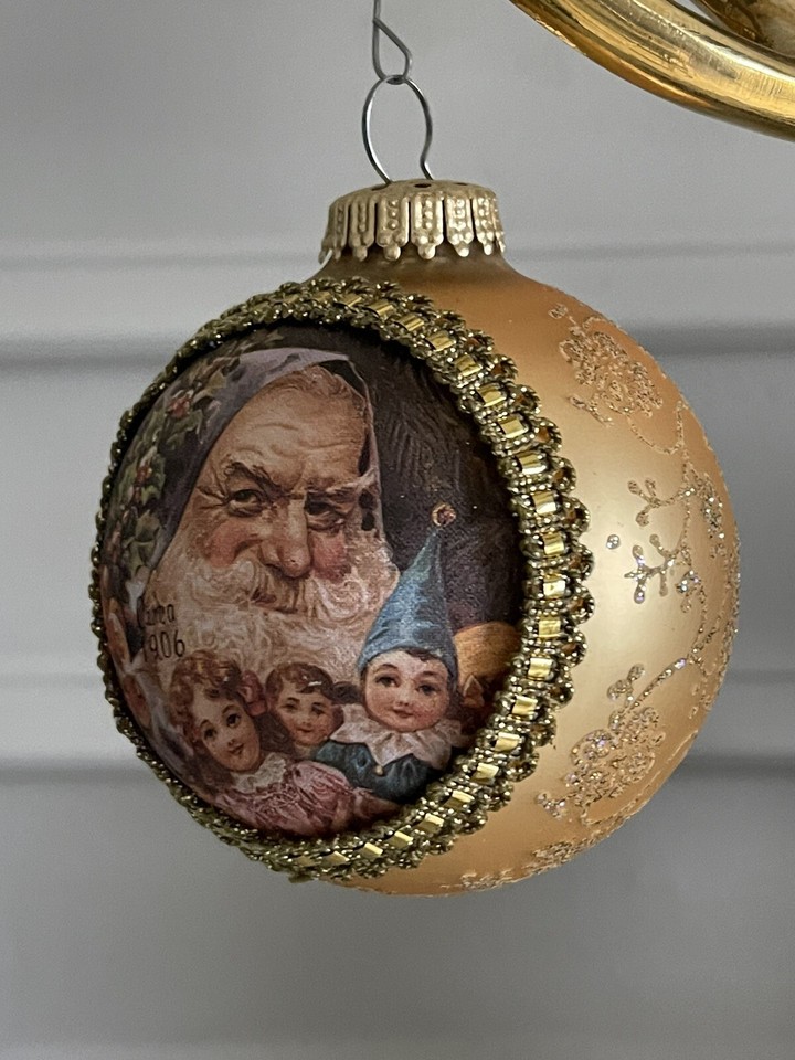 Two Santa On Silk 1906 SINTER KLASS glass ball Christmas Ornament w/Box ...