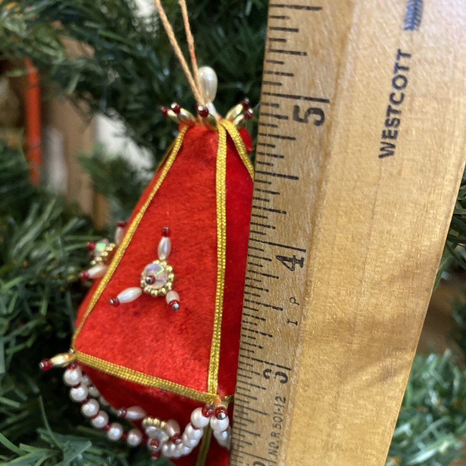 Push Pin Ornament Sequin Bead Vintage Victorian Velvet Kite Shape Red w ...