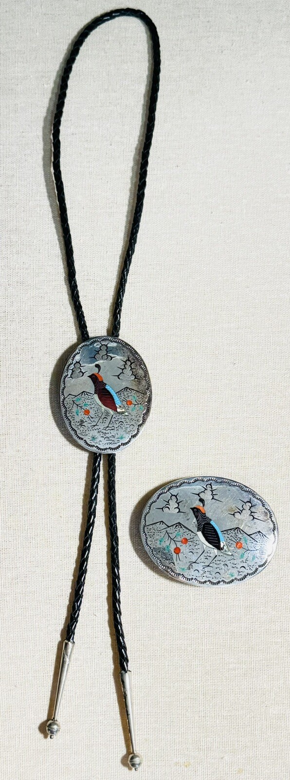 Sterling Silver Navajo Raymond Boyd Inlay Quail Belt Buckle & Bolo Tie ...