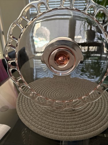 11 INCH PINK GLASS Lancaster Serving Tray Pedestal Open Work Lace Edge ...