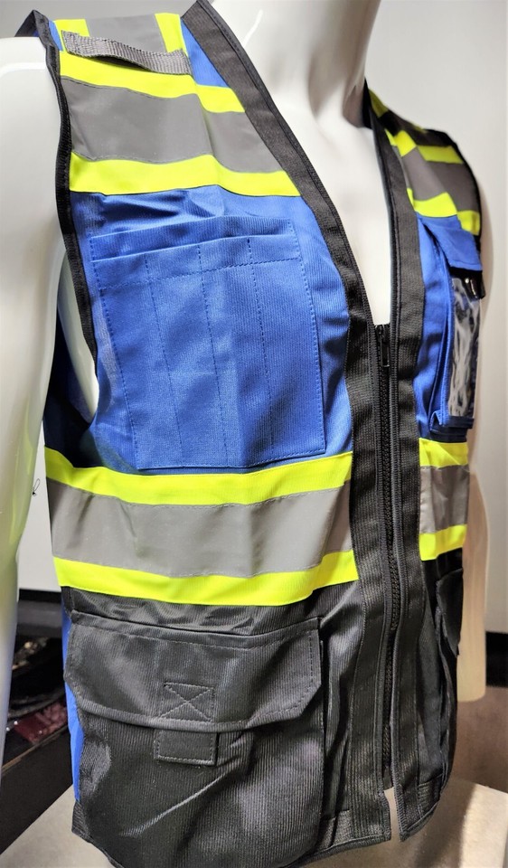 Class 1 High Visibility Reflective Blue / Black Safety Vest with ID ...