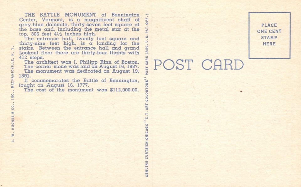Vintage Postcard 1930s Battle & Col. Seth Warner Monument Bennington ...