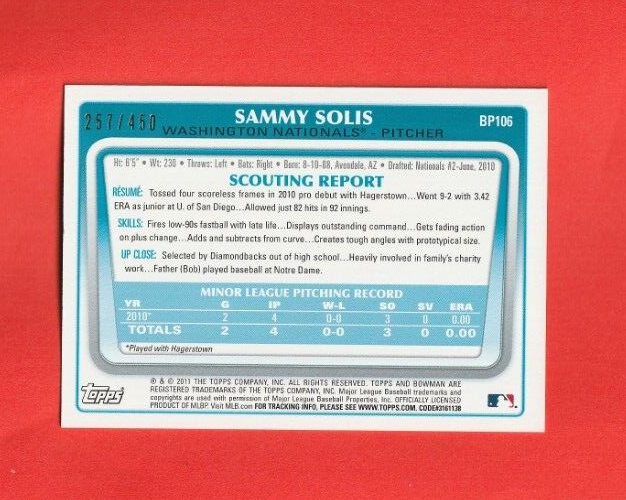 2011 Bowman - Prospects Sammy Solis #BP106 Green /450 (RC) for sale ...