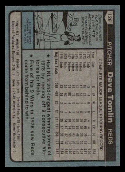 1980 Topps #126 Dave Tomlin Cincinnati Reds Baseball card | eBay