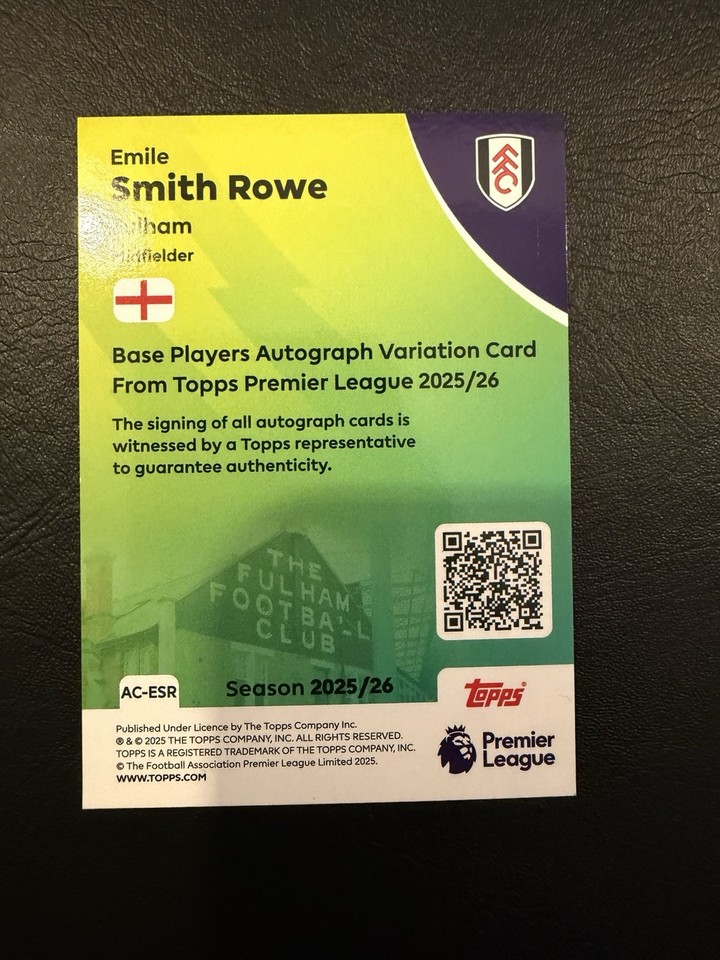 2026 Topps Premier League Emile Smith Rowe Fulham Autographed Card ...