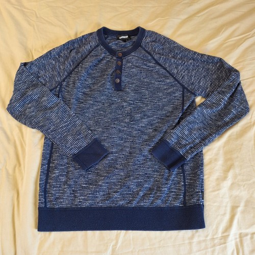 Express Adult Women's Medium Blue Striped 1/4 Button Sweater | eBay