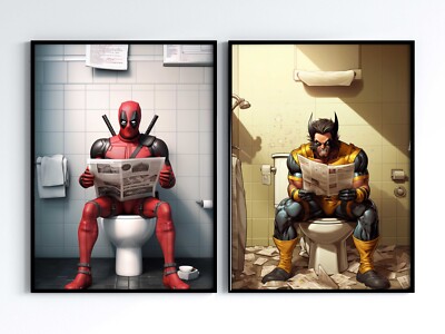Superhero bathroom print Deadpool and wolverine Bathroom ,On The Toilet ...