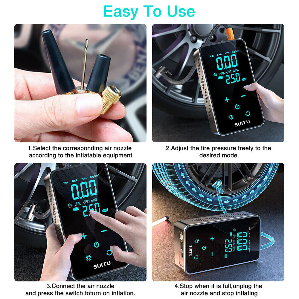 UK Car Tyre Inflator Cordless Digital Touch Air Compressor Pump USB ...