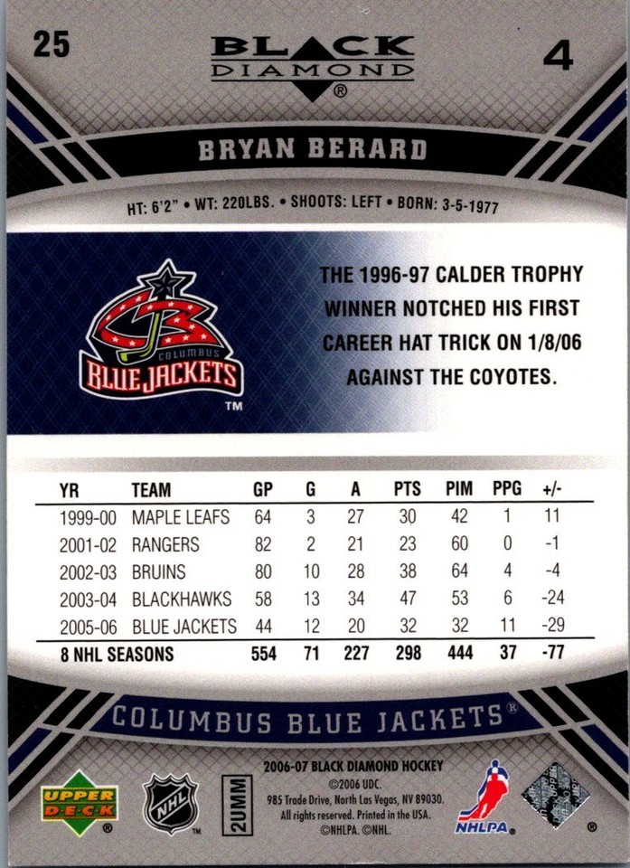 2006 Upper Deck Black Diamond Columbus Blue Jackets #25 Bryan Berard | eBay