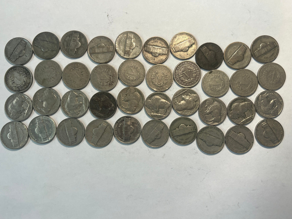 ROLL of 40 old NICKELS = JEFFERSON SILVER WAR, LIBERTY"V" & BUFFALO...w ...
