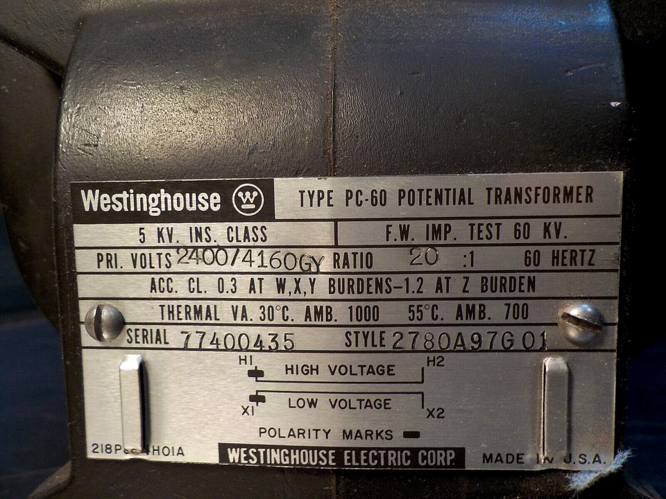 WESTINGHOUSE PC-60 POTENTIAL TRANSFORMER 5KV, 60KV BIL, 2400:120 ...